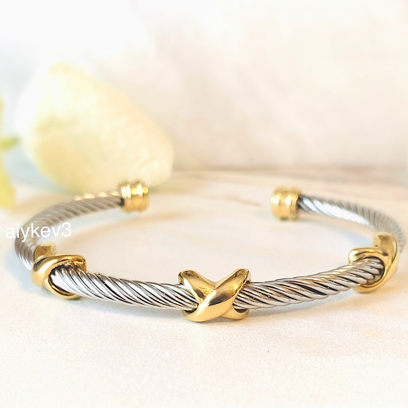 Jewelry | Cable Bracelet In Silver And Gold Open Stackable Bangle ...